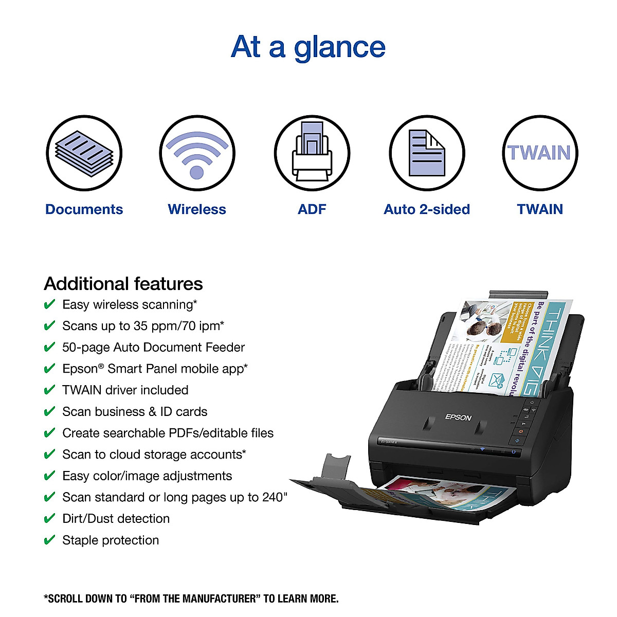 Epson Workforce ES-500W II Wireless Color Duplex Desktop Document Scanner for PC and Mac, with Auto Document Feeder (ADF) and Scan from Smartphone or Tablet (Renewed)