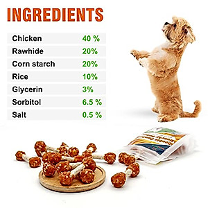 MON2SUN Dog Treats, 16oz Mini Rawhide Dog Chews, Chicken Dumbbells with Rice for Small Dogs & Toy Breed, Promotes Dental Health (2.5 Inch 30 Count)