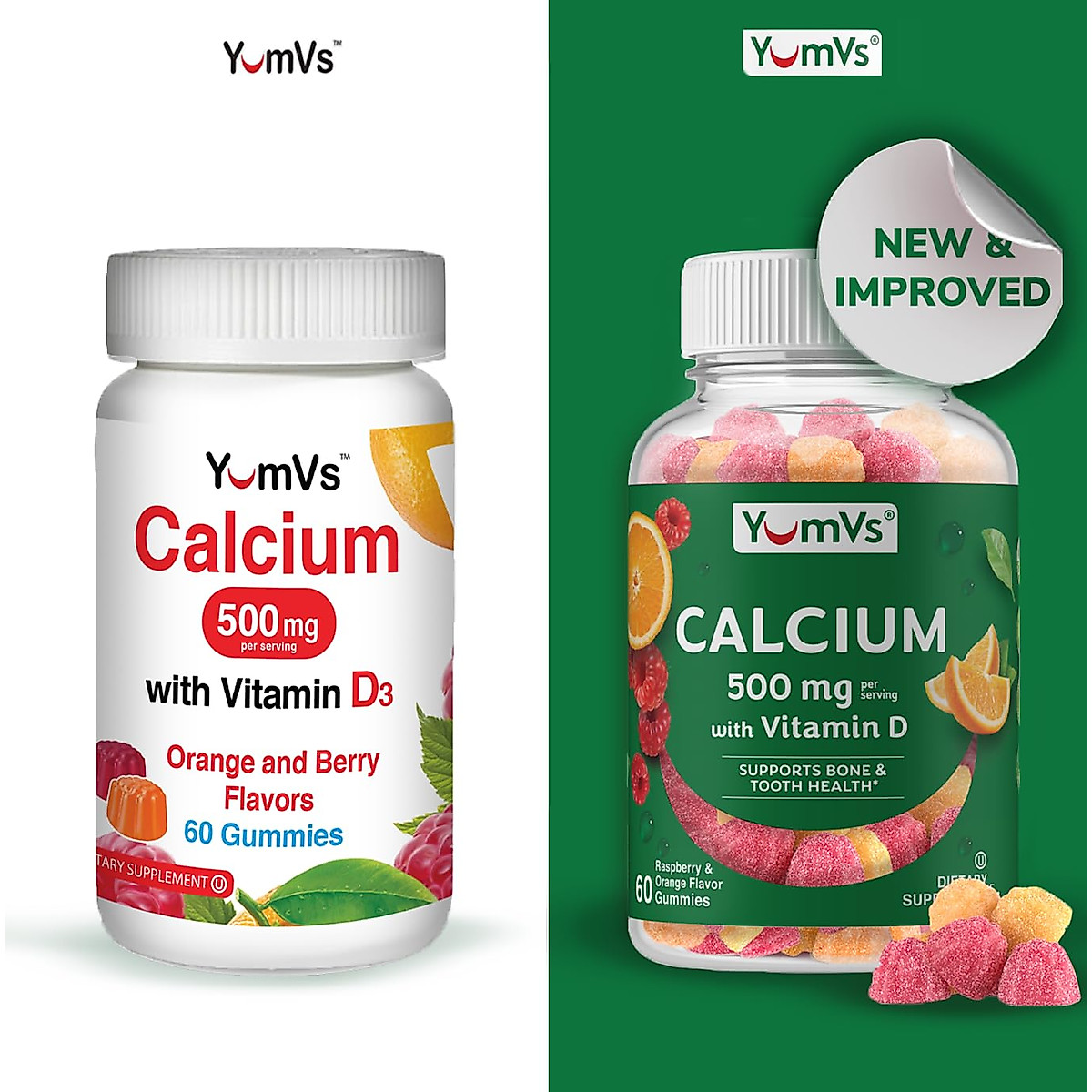 YumVs Calcium 500mg with Vitamin D3 - Raspberry & Orange Flavor Calcium Vitamin D Gummies, Chewable Calcium Supplement for Kids & Adults, Vitamin D Calcium Gummies, Kosher Halal Gluten Free (60 Count)