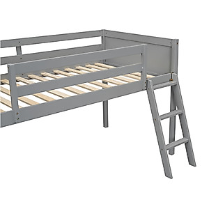 Twin Size Low Loft Bed for Kids,Solid Wood Low Loft Bed with Safety Ladder,Kids Loft Bed Frame Twin Size with Guardrail,Space Saving Loft Bed for Girls Boys (Gray)