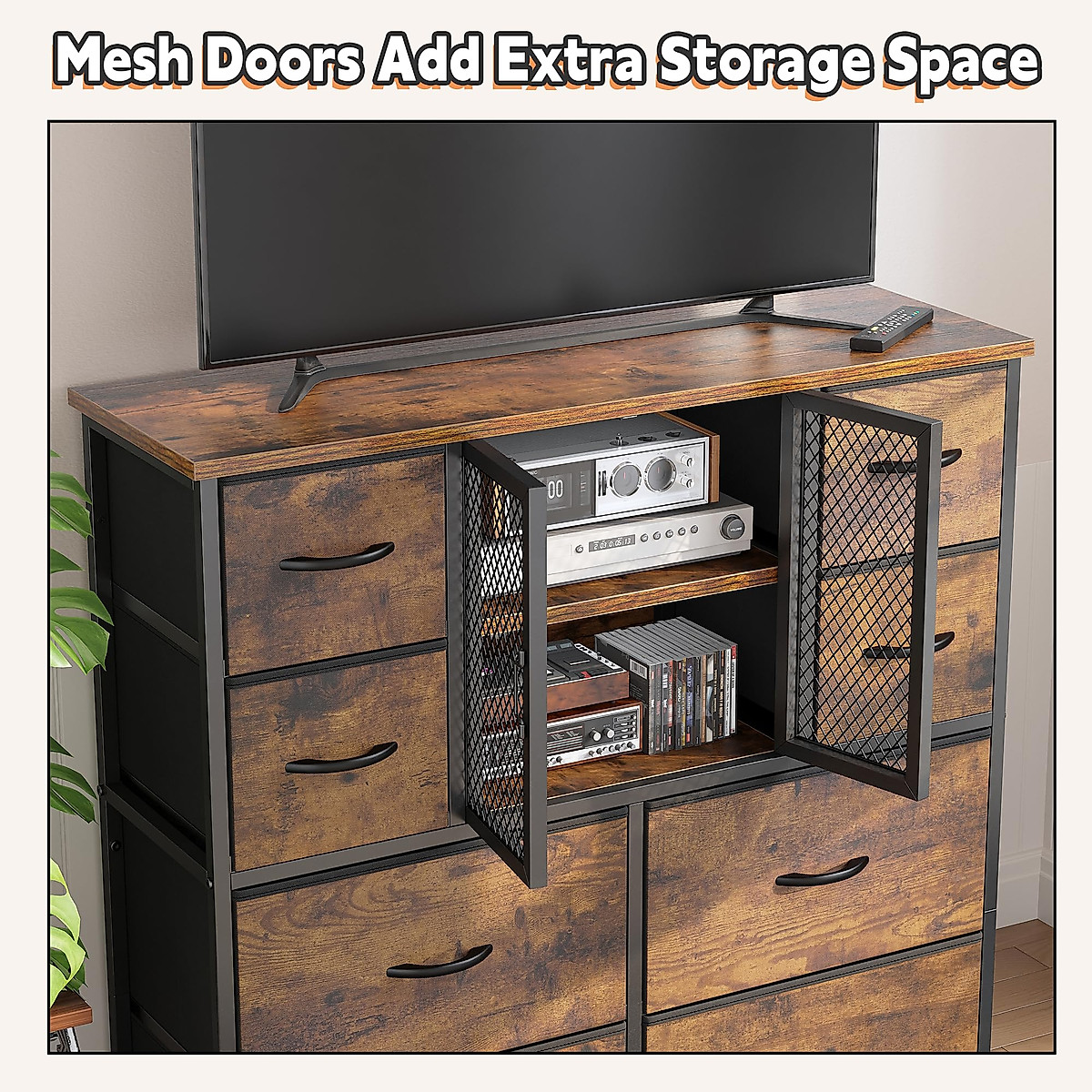 EnHomee Dresser for Bedroom with Mesh Door Tall Dressers & Chests of Drawers with 10 Fabric Drawer Morden Dresser Organizer,Metal Frame,Wood Top,for Closet,Entryway,Rustic Brown 38" Wx11.81 Dx48.1 H