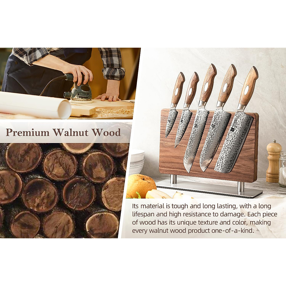 XINZUO Magnetic Knife Block,Natural Walnut Knife Holder Stand for Counter Top,with Strong Magnets,Double Sided Kitchen Knife Storage Rack