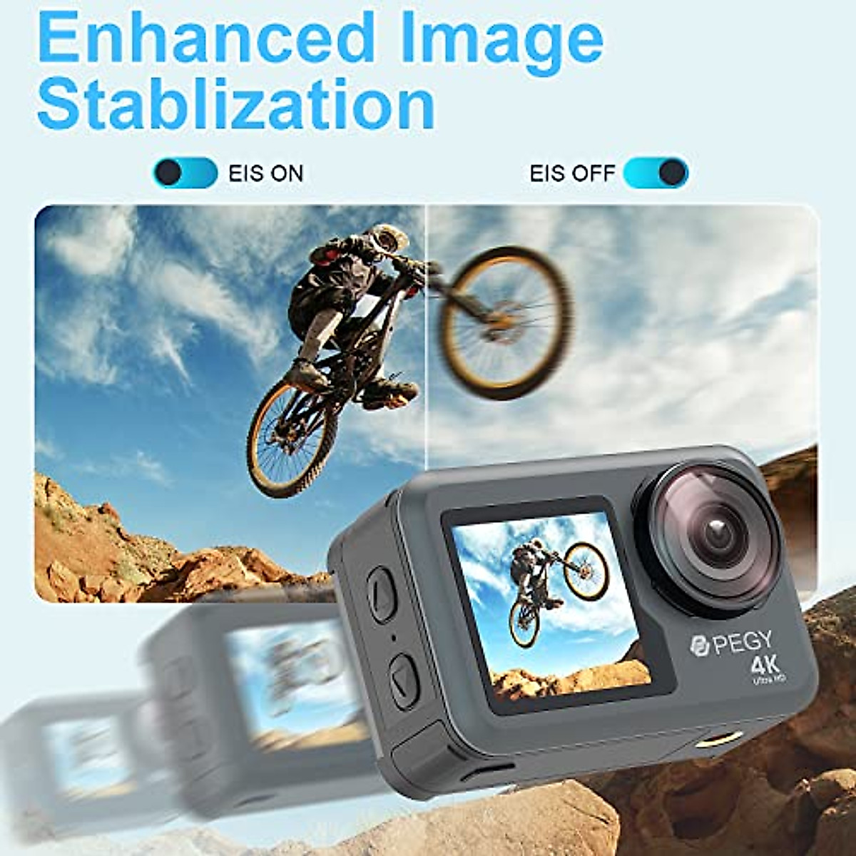 PEGY Dual Screen 4K Action Camera 60FPS 65ft Sports Camera,Underwater Camera for Snorkeling,6 Axis EIS,WiFi Touch Screen with 2 Batteries,32GB Memory Card,Helmet Mounting Accessories