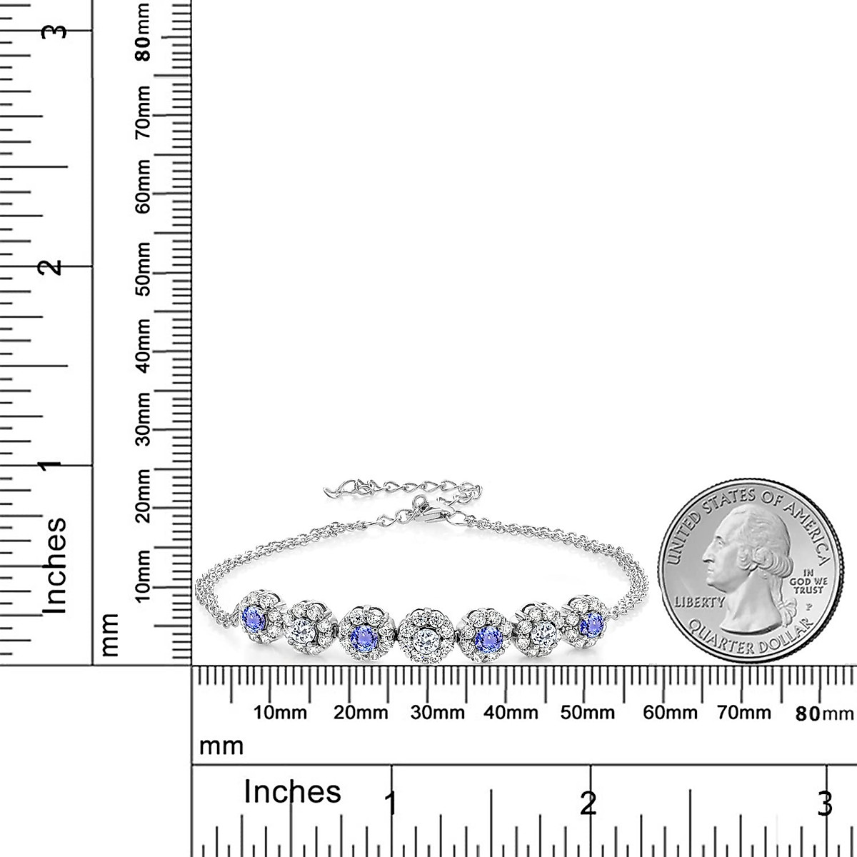 Gem Stone King 925 Sterling Silver Blue Tanzanite and White Topaz Tennis Bracelet For Women (2.21 Cttw, Gemstone December Birthstone, 7 Inch with 2 Inch Extender)