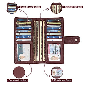 BOTANNER Genuine Leather Womens Clutch Wallet with Tab RFID Blocking 14 Credit Card Slots 2 ID Windows 4 Bill Sections Zipped Section for Coins | Oxblood (Gift for Her)