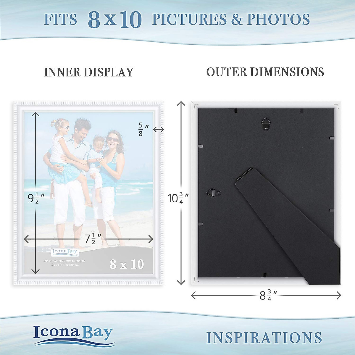 Icona Bay 8x10 Picture Frames (White, 2 Pack), Beautifully Detailed Molding, Contemporary Picture Frame Set, Wall Mount or Table Top, Inspirations Collection
