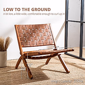 LUE BONA Folding Woven Leather Accent Chairs Set of 2, Cognac Leather Woven and Brown Wood, Midcentury Modern Lounge Chair, Scandinavian Rattan Low Chair for Living Room, Bedroom, Patio, Balcony