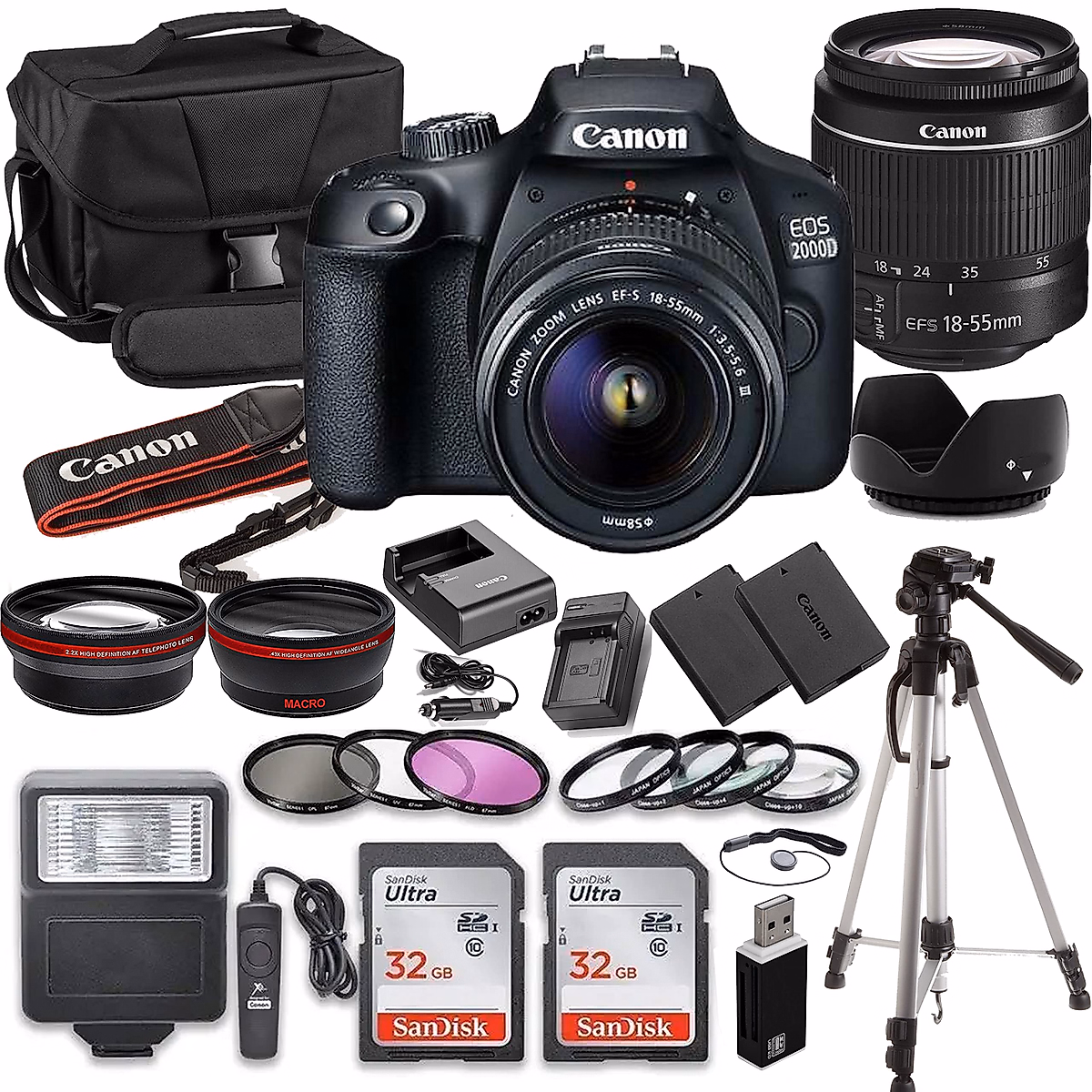 Canon EOS 2000D (Rebel T7) DSLR Camera Bundle with Canon EF-S 18-55mm f/3.5-5.6 Lens + 2pc SanDisk 32GB Memory Cards + Professional Kit (Renewed)
