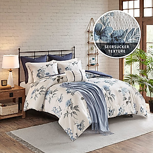Madison Park Zennia Farmhouse Comforter Set with Throw-Blanket, Floral Print on Seersucker Textures, All Season Bedding, Matching Shams, Toss Pillows, King/Cal King(104"x92"), Blue 7 Piece