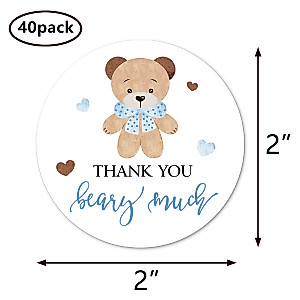 Blue Bear Thank You Stickers, 2 Inch Bear Boy Baby Shower Birthday Party Labels 40-Pack