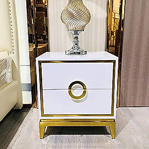 SJYDQ Bedside Table with Double Drawer Design, Stainless Steel Metal Plating Frame Simple Bedside Table, White
