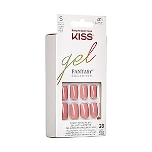 KISS Gel Fantasy Ready-to-Wear Press-On Gel Nails, “Ribbons”, Short, Pink, Nail Kit with 24 Mega Adhesive Tabs, Pink Gel Glue, Manicure Stick, Mini File, and 28 Fake Nails