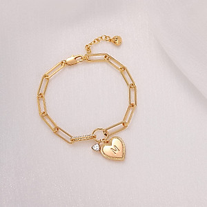 MEVECCO Gold Paperclip Bracelet, 18K Gold Plated Heart Initial Oval link Bracelet Dainty Handmade Letter Charm Bracelet for Women Jewelry