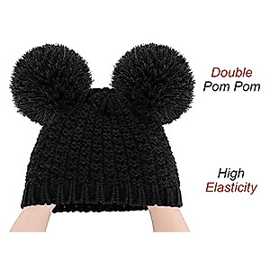 Livingston Women Beanie Hat Cable Knit Double Pompom Ears Winter Hat Cute Beanie for Women Knit Pom Beanie for Winter, Black Beanie