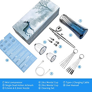 Airbrush Kit with Compressor, Portable Handheld Cordless Airbrush Gun with 0.3mm & 0.5mm Nozzle, Cordless Air Brush for Nails Art, Painting, Cake Decor, Cookie, Model, Makeup, Barber