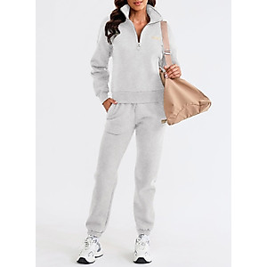 Herseas Fall 2 Piece Teacher Outfits for Women White Casual Sweatsuits Half Zip Pullover with Jogger Comfy Set Fashion Leisure Suits X-Large 16 18