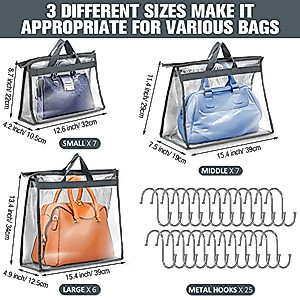 Chumia 20 Pack Dust Bags for Handbags Clear Handbag Storage 3 Sizes Handbag Organizers for Closets Hand Bag Dust Cover Purse Protector Bag with Zipper and Handles with 25 Pcs S Shape Hooks
