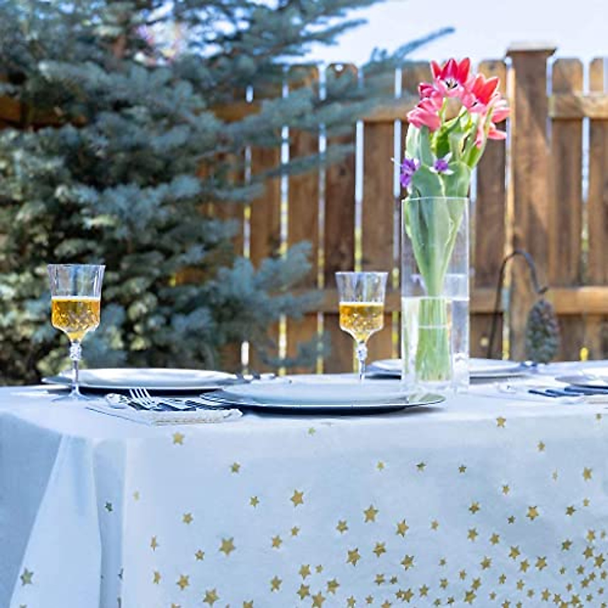 Plastic Gold Star Tablecloth I 4 Pack - Party Table Cloths Disposable Tablecloths for Parties, Birthdays, Weddings I Twinkle Little Stars Tables Cover I Rectangle 54" x 108" Size Covers 6 ft to 8 ft