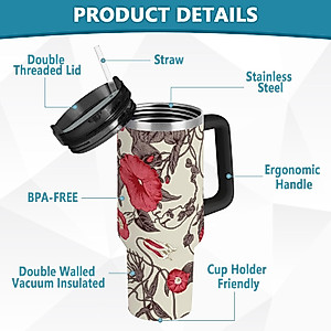 Yasala Car Tumbler with Handle Trumpet Flower Red Travel Mug Coffee Cup Insulated Beverage Container Mega Cup for Hot Cold Drinking Thermos Water Bottle Cupholder Friendly 40 oz