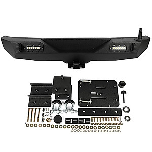 cciyu Texture Black Rear Bumper with and Tire Carrier and LED Lights, 2" hitch receiver Compatible for Jeep Wrangler JK 2007-2018