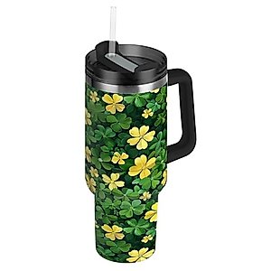 FRCSDIY Lucky Clover Insulated Tumbler with Handle and Straw Lid,30oz Leakproof Stainless Steel Cup BPA-Free Water Bottle