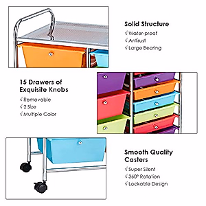 Giantex 15-Drawer Organizer Cart Office School Storage Cart Rolling Drawer Cart for Tools, Scrapbook, Paper (Multicolor)