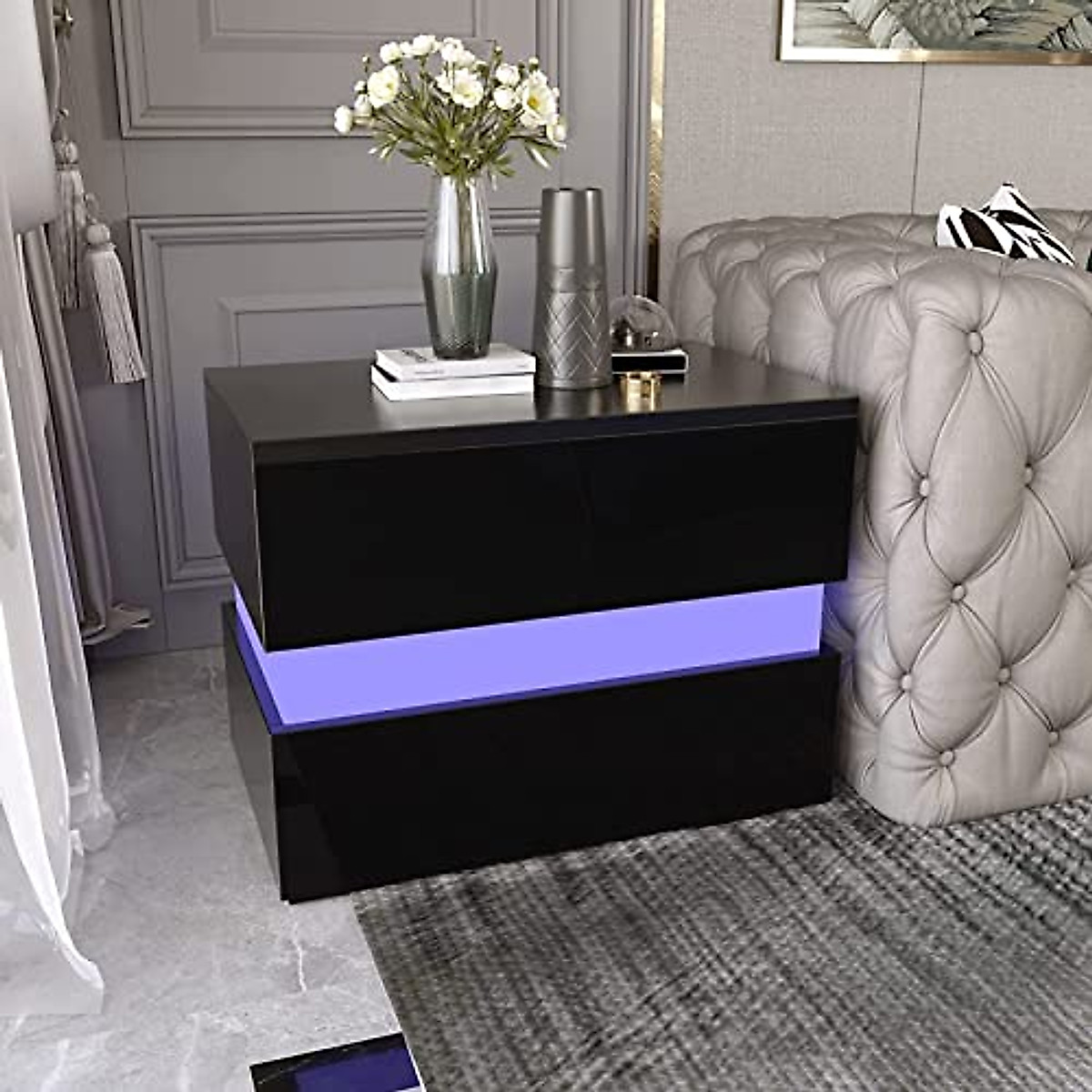 LED Nightstand Set of 2 with 2 Storage Drawers, Modern High Gloss Bedside Table with Led Lights, End Table for Bedroom Furniture(Black,2