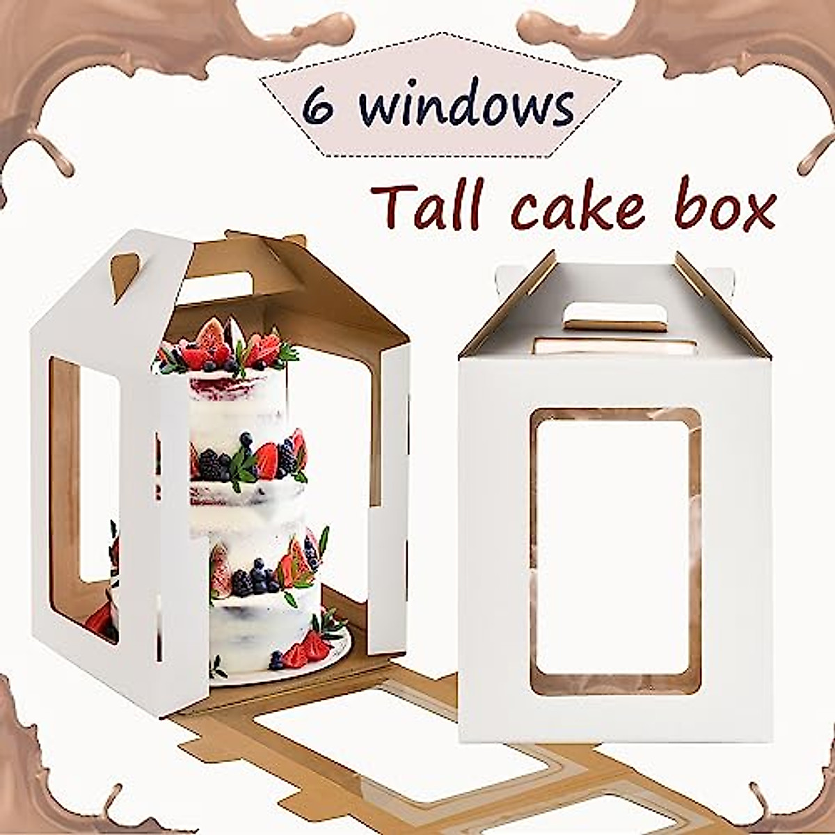 Hzzycaxli 6Pcs Tall Cake boxes with 6 windows and Cake Boards,10x10x12 Inch Large Tiered Cake Box for Wedding Birthday Transport,Durable White Bakery Box Disposable Cake Containers Cake Boxes