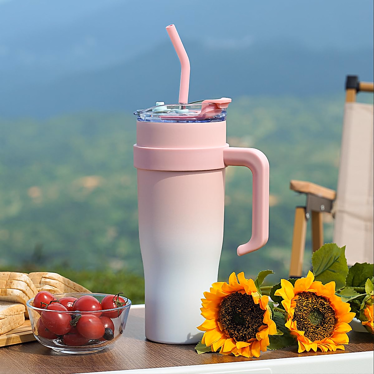 40 oz Tumbler with Handle and Straw Lid, Leak proof Travel Coffee Mugs, Pink Stainless Steel Insulated Tumblers, Water Cup with Handle, Keep Drinks Cold for 24 Hours, Dishwasher Safe, BPA Free