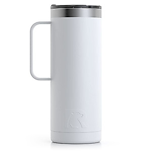 RTIC 20 oz Coffee Travel Mug with Lid and Handle, Stainless Steel Vacuum-Insulated Mugs, Leak, Spill Proof, Hot Beverage and Cold, Portable Thermal Tumbler Cup for Car, Camping, White