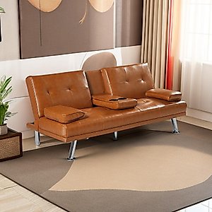 Convertible Futon Couch Sofa Bed, Modern Sleeper Leather Sofa Bed with Adjustable Back and 2 Cup Holders, Folding Loveseat Daybed Guest Bed for Living Room, Apartment, Office (Tan)
