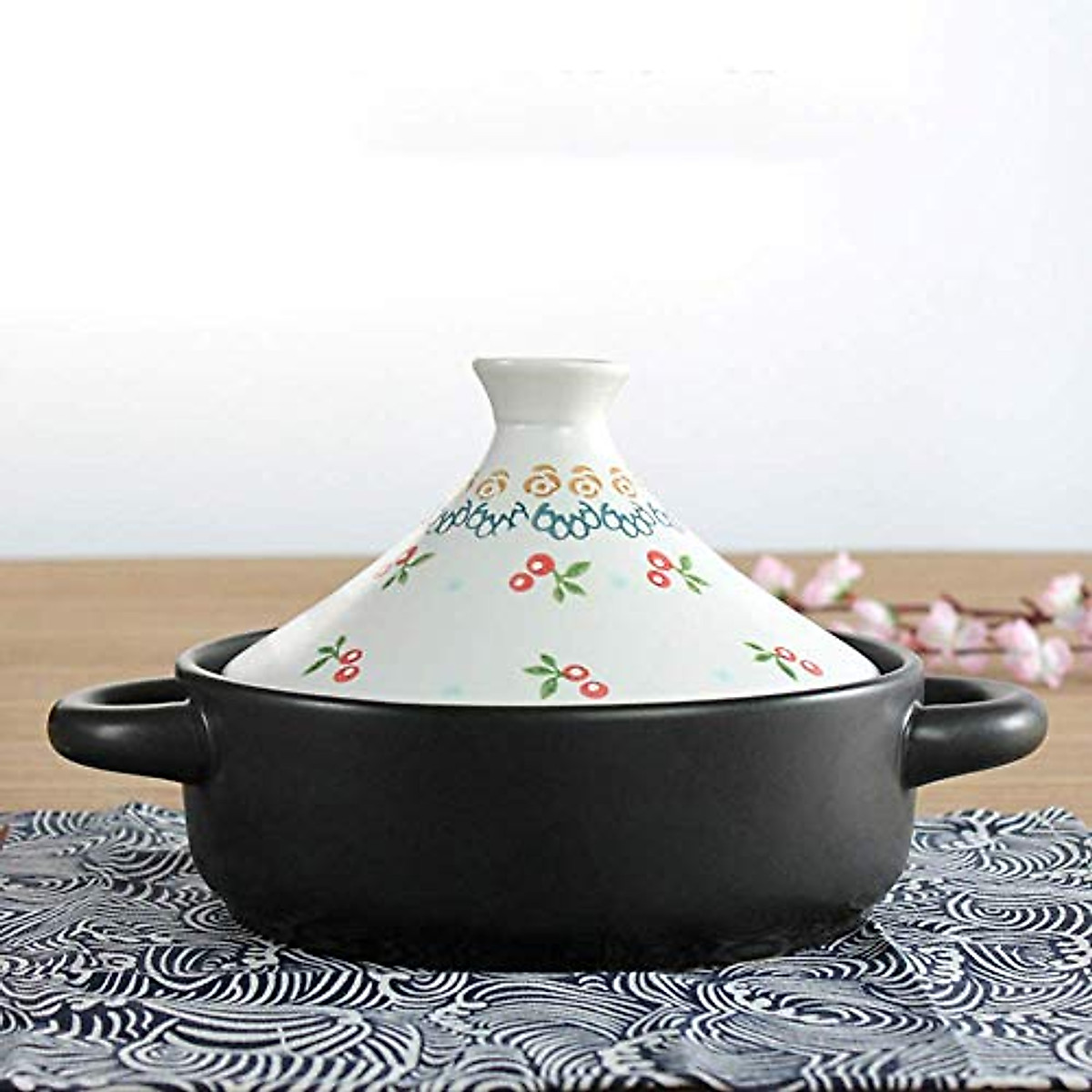 Tagine Pot with Handle, 20cm, Ceramic Pot, Casserole lid, Claypot Rice, High Temperature Resistance, Hand-Made Hand-Painted Taji Pot Slow Cooker Clay/White 1
