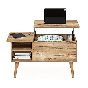 Furinno Jensen Living Room Wooden Leg Lift Top Coffee Table with Hidden Compartment and Side Open Storage Shelf, Flagstaff Oak