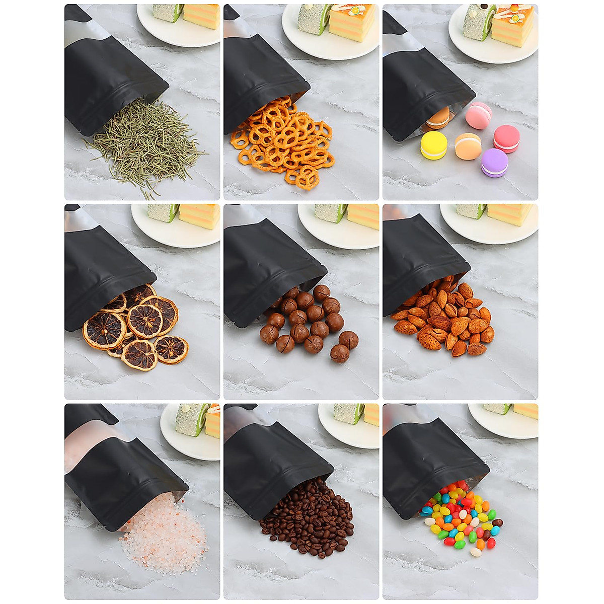 Larzack Smell Proof Bags for Food Storage, Resealable Mylar Bags with Matte Window, Foil Pouch Stand Up Sealable Bags for Packaging (Black, 3.5 * 5.1in)