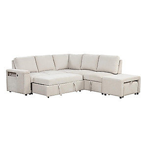 L-Shaped Corner Sectional Sofa Couch, Modern Padded Modular Sofa with Storage Space, USB Ports and Cup Holders on The Armrests, Suitable for Living Rooms, Offices, Apartments (Beige-87WD)