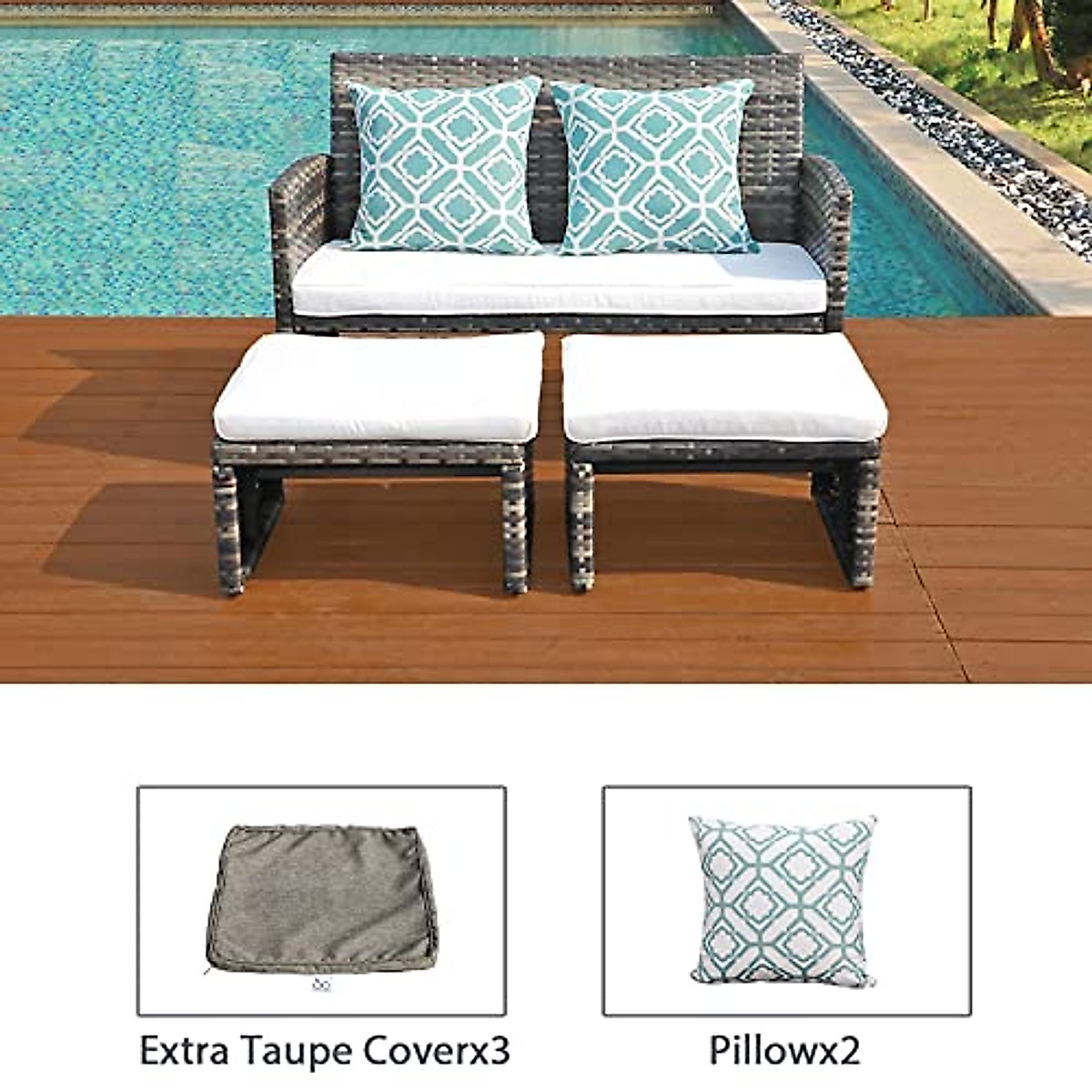 OC Orange-Casual Outdoor Loveseat Patio Furniture Rattan Conversation Set with Ottoman, White Cushions, Grey Wicker, Pillows Included