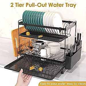 heesky Dish Drying Rack, Rustproof 2 Tier Dish Rack, Large Capacity Dish Drainer Rack with 2 Drainboard Tray and Utensil Holder for Kitchen Countertop (Black)