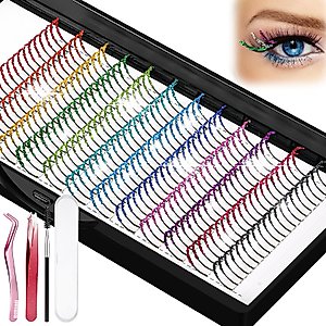 Dansib Colored Glitter Lash Extensions Eyelash Individual Lash Spike Eyelash Single Eye Lash Tray with Applicator Tweezers Brush Set for Daily Party Wedding Stage Cosplay Halloween,15 mm (12 Colors)