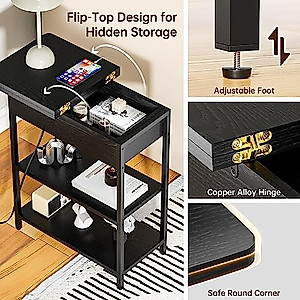 HOUIT End Table with Charging Station, Narrow Flip Top Side Table with USB Ports and Outlets, Nightstand with Storage for Small Spaces, Bedside Tables for Living Room, Bedroom - Black