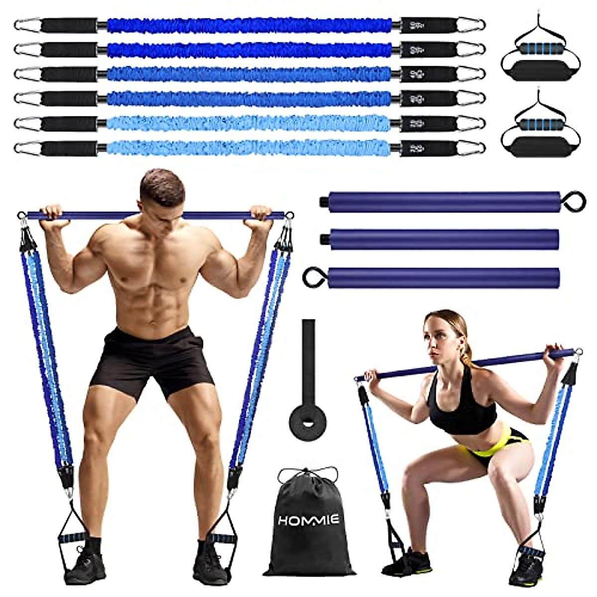 Hommie Portable Pilates Bar Kit with Resistance Bands for Men and Women，Upgraded 3 Section Pilates Bar with Resistance Bands (20/40/60lb) for Home Gym Equipment Supports Full-Body Workouts