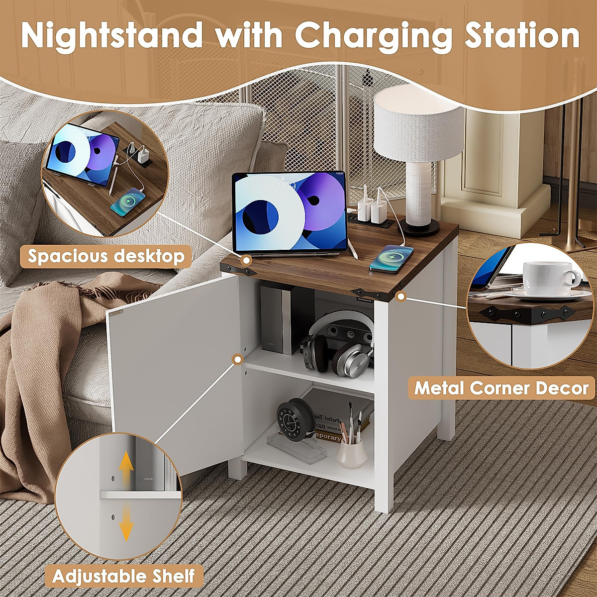 PakaLife Farmhouse End Table with Charging Station, 17.7" Side Tables Living Room with Barn Door & Adjustable Shelf, Bed Side Table/Nightstand w/Magnetic Door for Bedroom