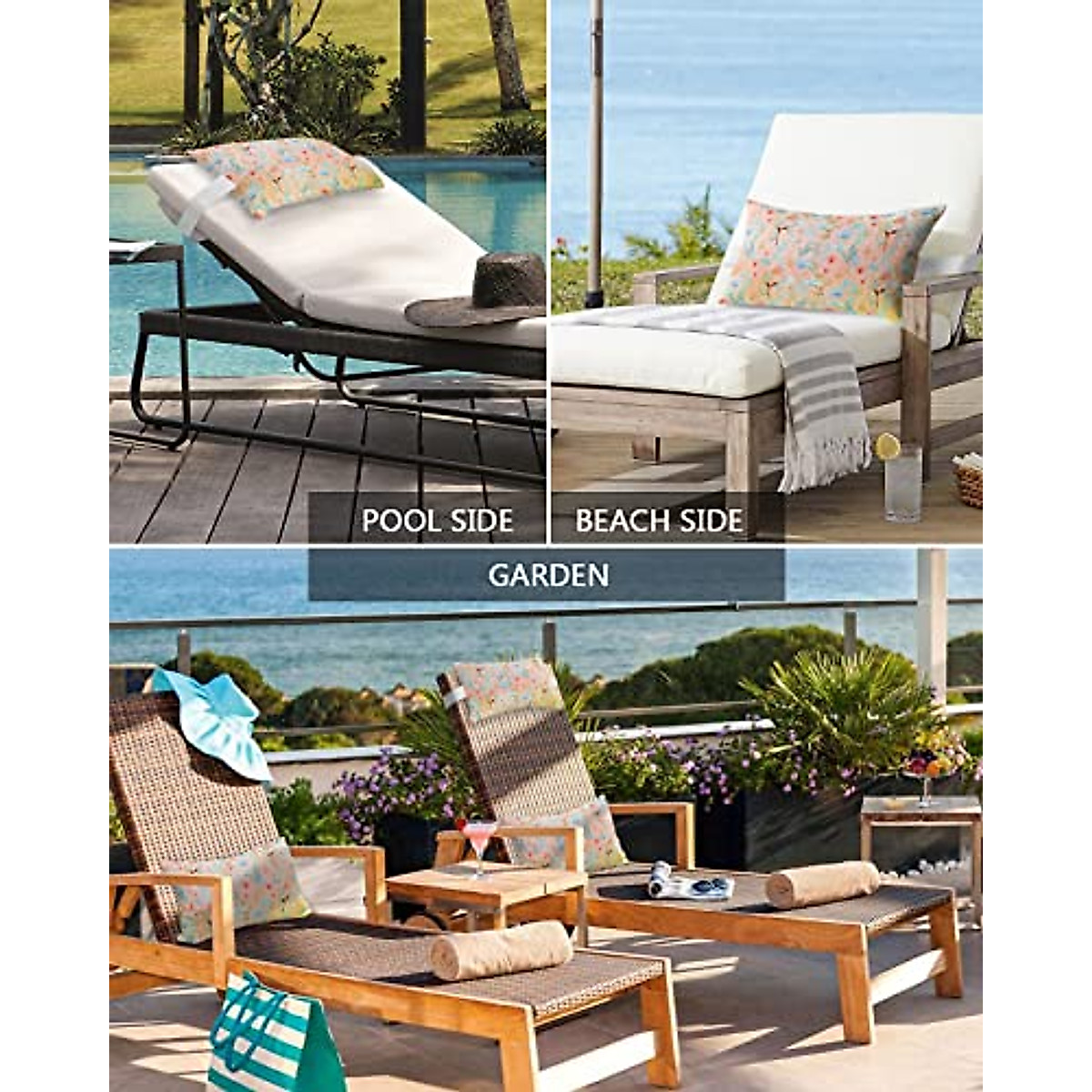 Recliner Head Pillow Ledge Loungers Chair Pillows with Insert Plant Pink Blue Flower Gradient Background Lumbar Pillow with Adjustable Strap Outdoor Waterproof Patio Pillows for Beach Pool, 2 PCS