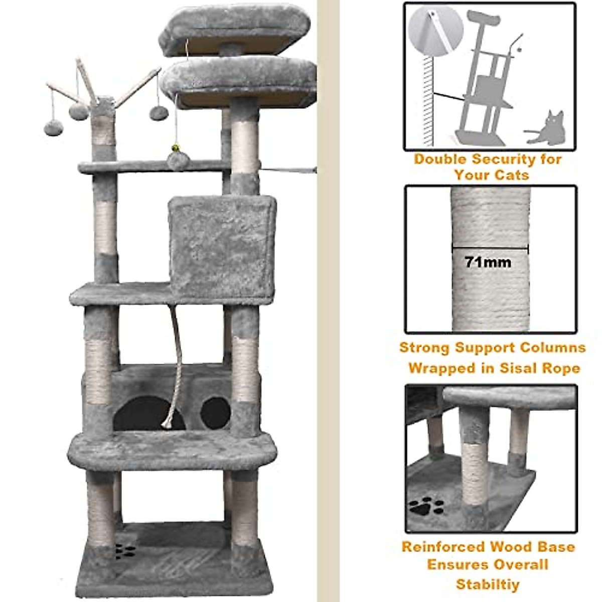 NEGTTE Cat Tree Tower for Indoor Cats,64 inches Large Multi-Level Cat Activity Center with Condos,Scratching Posts,Removable Fur Ball Sticks,Light Gray