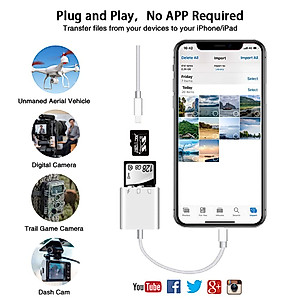 SD Card Reader for iPhone iPad,Micro SD Card Reader Memory Card Reader Plug and Play Trail Camera SD Card Adapter,Simultaneous Charging and Reading