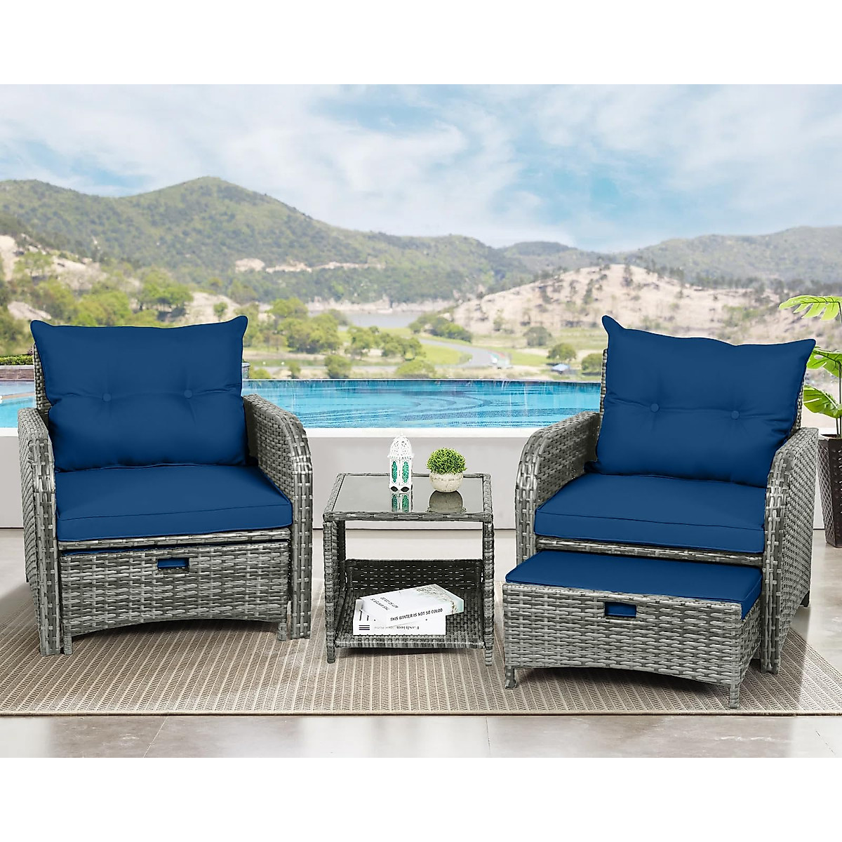FYRICKYLINOO 5 Pieces Wicker Outdoor Patio Chairs Set with Ottoman, All Weather PE Rattan Patio Conversation Furniture Set Outdoor Furniture Set with Hidden Ottoman for Poolside Garden Balcony, Blue