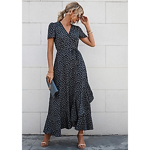 PRETTYGARDEN Women's Summer Wrap Maxi Dress Casual Boho Floral V Neck Short Sleeve Ruffle Hem Split Beach Long Dresses (Black,XX-Large)