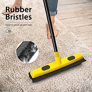 JEHONN Rubber Broom with Squeegee, Pet Hair Remover 52.8 inches Long Handle, Push Fur Removal Tool with Portable Detailing Lint Brush for Fluff Carpet, Window, Tile, Hardwood Floor Cleaning (Yellow)