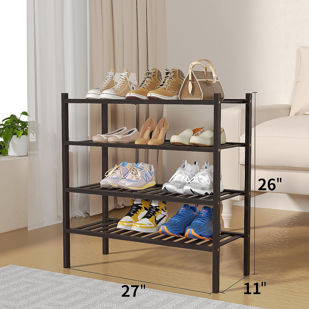 ROMGUAR CRAFT 4 Tier Bamboo Shoe Rack for Closet Free Standing Wood Shoe Shelf for Entryway Small Space Stackable 27"x11"x26" (Brown)
