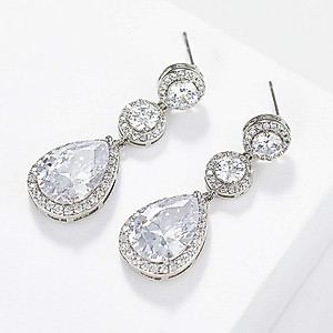 SWEETV Crystal Teardrop Wedding Bridal Earrings For Brides, Bridesmaids, Rhinestone Drop Dangle Earrings for Women, Silver Bridal Prom Party Jewelry