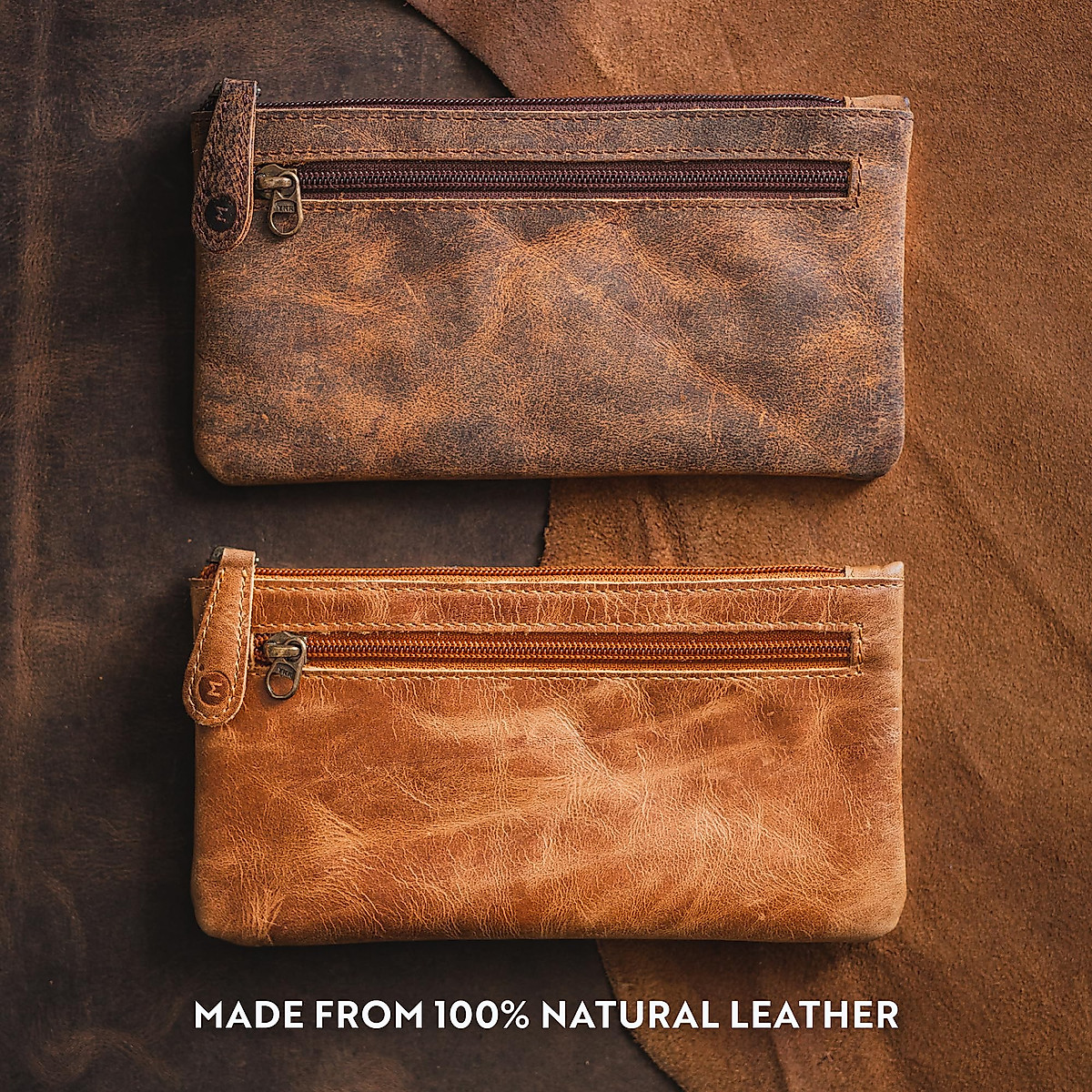 Moonster Leather Pencil Case Beautifully Handcrafted Zippered Pouch That’s Made To Last - Elegant, Practical Pencil Cases for Adults & Students - Unique 8" x 4" Design with Side Pocket & Keyring